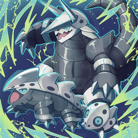 Safebooru Aggron Aron Blue Background Claws Commentary Request Energy