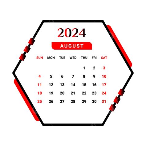 2024 August Month Calendar With Red And Black Geometric Style Vector