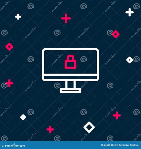 Line Lock On Computer Monitor Screen Icon Isolated On Blue Background Security Safety