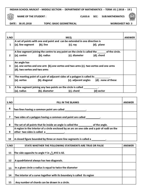 Class 6 Maths Worksheet On Basic Geometrical Ideas Pdf Circle Triangle