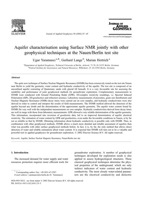 Pdf Aquifer Characterisation Using Surface Nmr Jointly With Other Geophysical Techniques At
