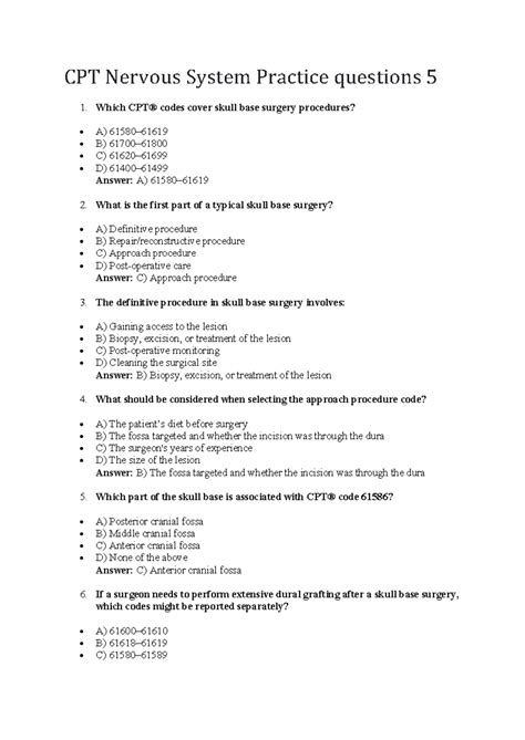 Cpt Nervous System Practice Questions 5 Which Cpt® Codes Cover Skull