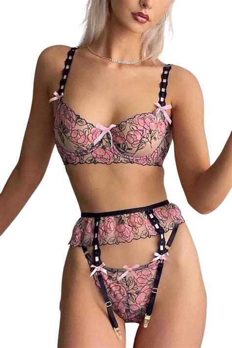 Divina Pink Floral Sheer Bra Garter Belt Set
