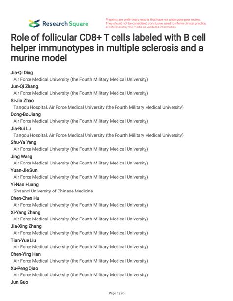 Pdf Role Of Follicular Cd8 T Cells Labeled With B Cell Helper Immunotypes In Multiple