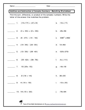 Fillable Online Addition Subtraction Of Complex Numbers Matching Worksheet Fax Email Print