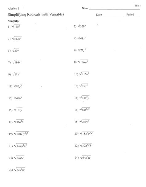 Geometry Simplifying Radicals Worksheet