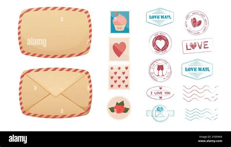 Set Love Stamp Romantic Mail Postage Envelope Retro Valentine Wedding Grunge Print Textured