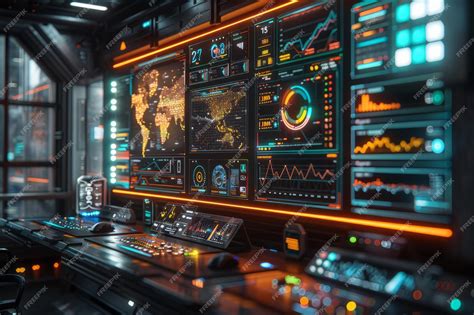 Premium Photo | Futuristic control room with multiple digital screens displaying data and analytics