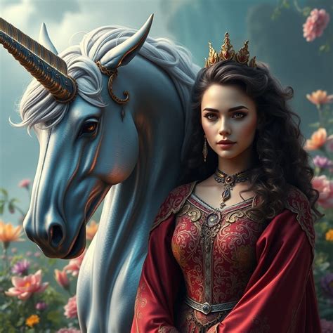 The Queen And The Unicorn Regal Woman And Majestic Unicorn