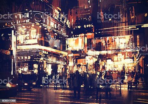 City Street At Night With Colorful Lights Stock Illustration Download