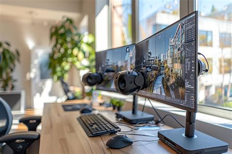 Modern Workstation With Dual Monitors And Vr Equipment Premium Ai Generated Image