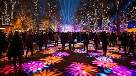 Colorful Light Projections On A Crowd Walking Through A Park At Night