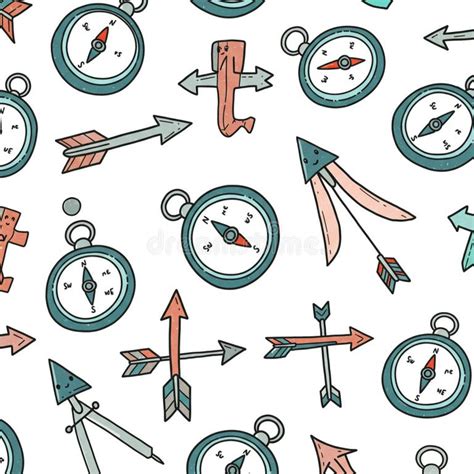 Cartoon Style Pattern Featuring Hand Drawn Compasses And Arrows Compasses Have Stock