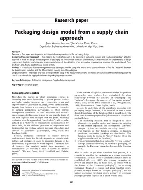 Packaging Design Model From A Supply Chain Pdf Supply Chain