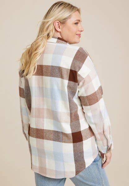 Plus Size Plaid Twill Shacket For Ecru Combo Mauricesus