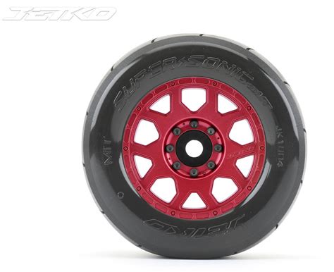 Jetko Jk1804 1 8 3 8 Super Sonic Mt Belted Tyres Mounted On Red Claw Rims