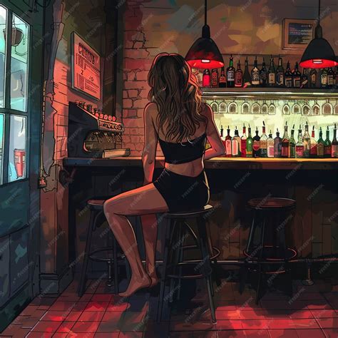 A Woman Sitting At A Bar Counter Illustration Premium Ai Generated Image