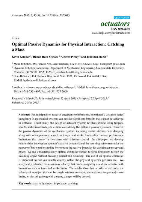 Pdf Optimal Passive Dynamics For Physical Interaction Throwing A Mass