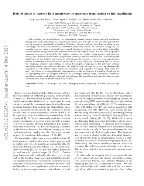 Pdf Role Of Shape In Particle Lipid Membrane Interactions From Surfing To Full Engulfment