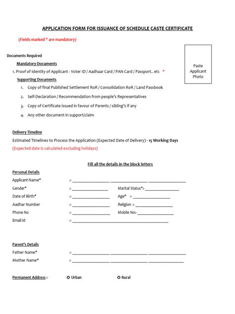 Application Form For Scheduled Caste Certificate Pdf Identity Document Government And