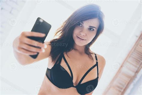 Selfie In The Morning Beautiful Young Woman In Black Lingerie Making