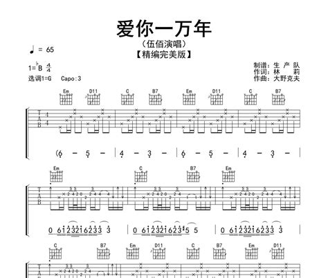 爱你一万年吉他谱 伍佰《爱你一万年》完美版六线谱吉他谱 318曲谱