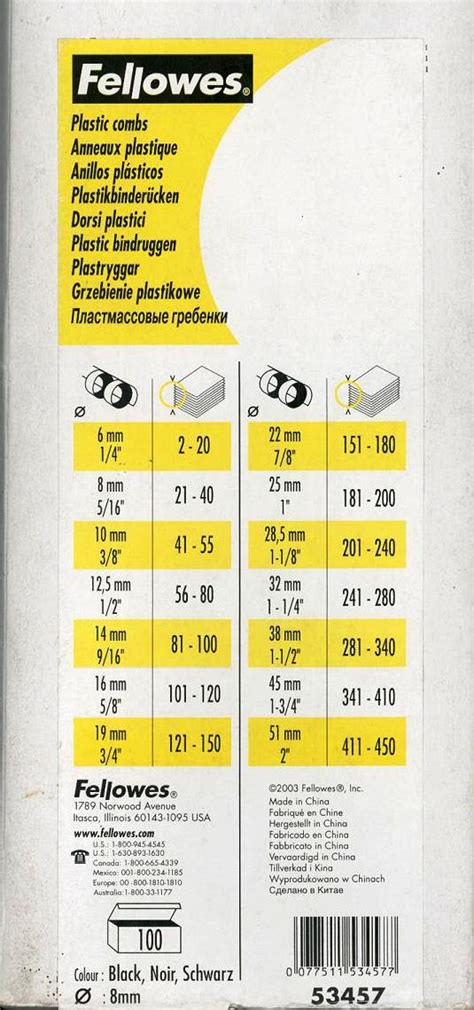 Lolo Techie Ring Binding Plastic Comb Size Chart