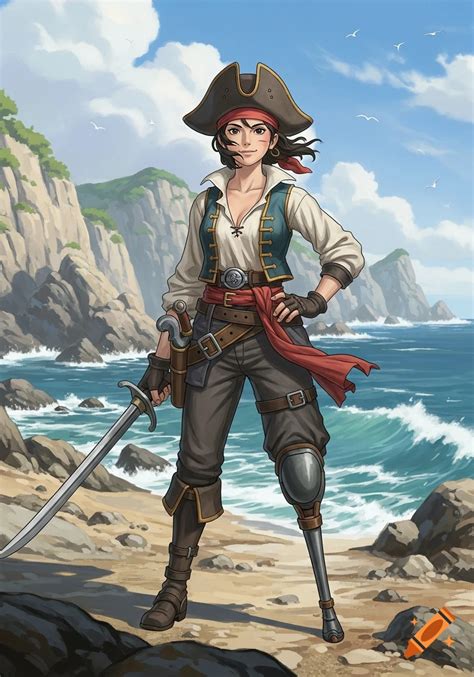 A Confident Ghibli Style Woman Pirate With A Peg Leg And Sword Stands