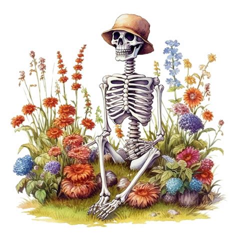 Premium Ai Image Skeleton Sitting In The Grass With Flowers And A Hat