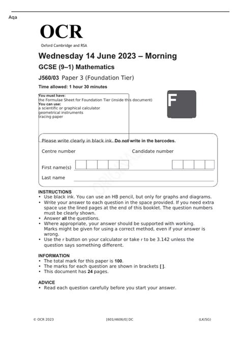 Ocr Gcse 9 1 Mathematics J560 03 Paper 3 Foundation Tier June 2023