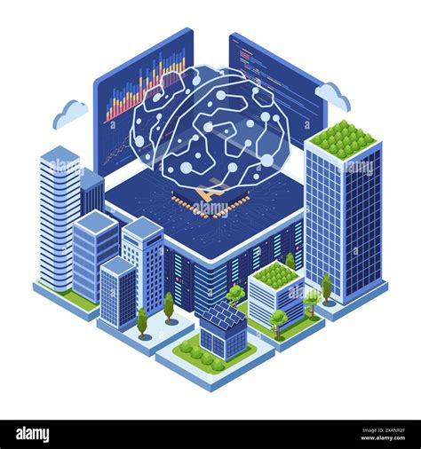 Isometric Smart City Powered By Ai Brain Neural Network Technology Artificial Intelligence