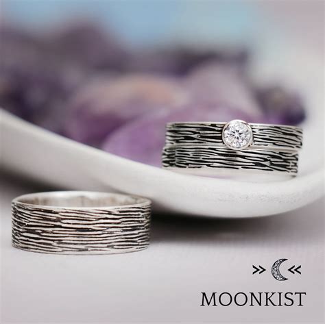 Tree Bark His And Hers Wedding Ring Set Nature Inspired Couples Matching Ring Set Unique