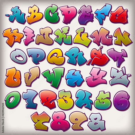 カラフルなグラフィティレターと数字のベクター素材 Colorful Graffiti Alphabet Handmade