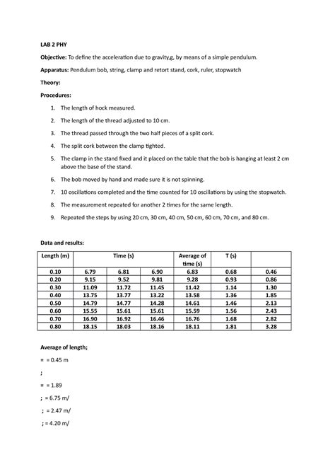 Lab 2 Phy Simple Pendulum Lab 2 Phy Objective To Define The