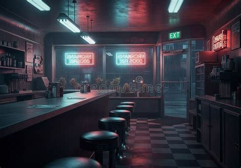Atmospheric American Diner Interior Booths Stools And Neon Sign