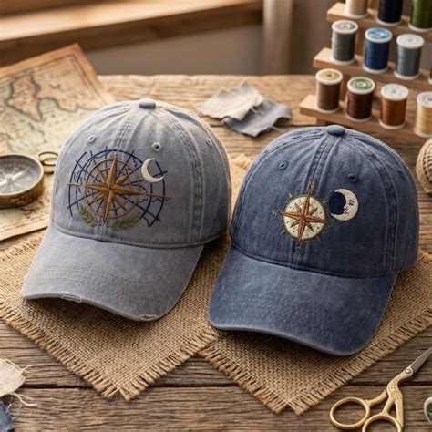 Hand Embroidered Compass Map Moon Cap Custom Travel Adventure Hat