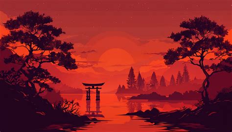 Vibrant Crimson Torii Gate With Serene Sunset Reflection Mobile