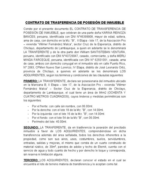 Contrato Privado De Trasferencia De Posesión De Inmueble Modelo Pdf