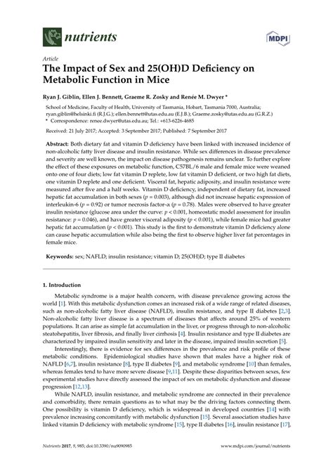 Pdf The Impact Of Sex And 25ohd Deficiency On Metabolic Function In