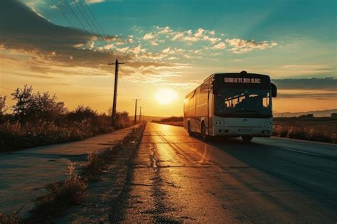 White Bus Driving Towards Setting Sun Premium Ai Generated Image