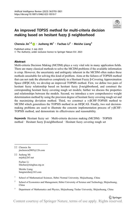 An Improved Topsis Method For Multi Criteria Decision Making Based On