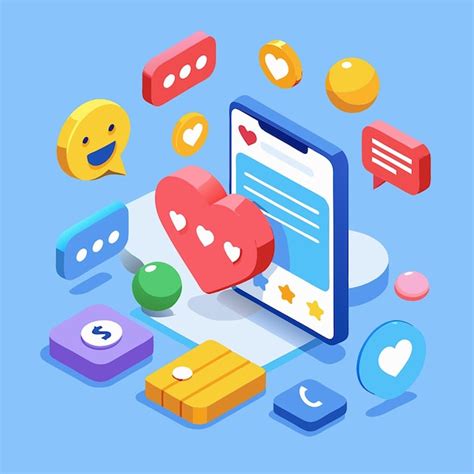 3d 소셜 미디어 플랫폼 온라인 소셜 커뮤니케이션 애플리케이션 개념 이모지 심장 밝은 파란색 배경에서 채팅 프리미엄 사진