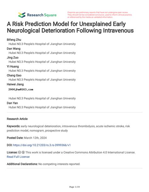 Pdf A Risk Prediction Model For Unexplained Early Neurological