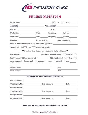 Infusion Order Form Blank Fillable Template Fill Out Print