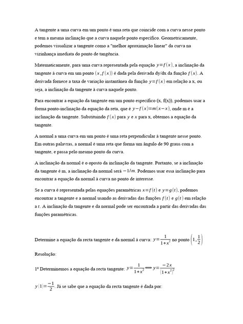Equação Da Recta Tangente E Da Normal á Curva Pdf Curva Derivado