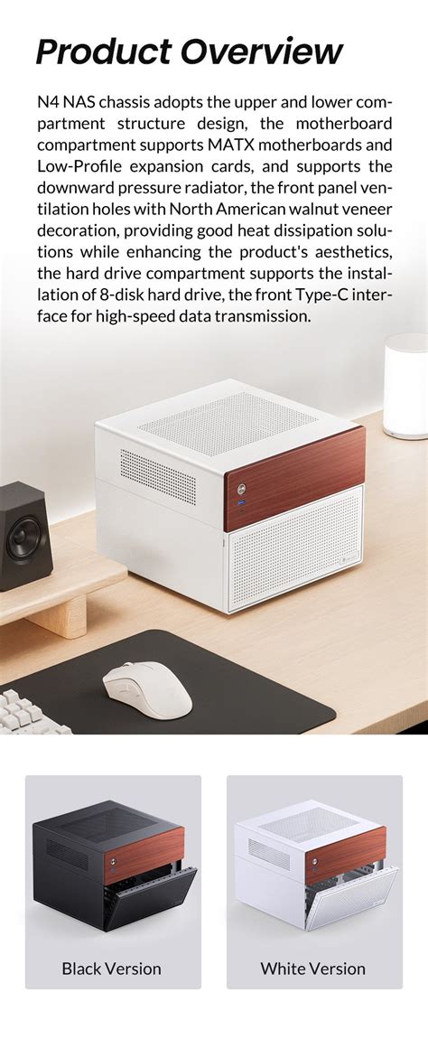 Jonsbo N4 Black Nas Mini Chassis Walnut Wood 8 Drive Bay635 Hdd