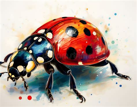 A Vibrant Stylized Ladybug Illustration With A Glossy Effect And Colorful Splatters On A White