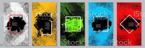 벡터 일러스트레이션 그런 지 프레임 그라디언트 색상 하프톤 도트 텍스처 그런 지 잉크 브러쉬 스트로크 전단지 전화 템플릿 벽지 쿠폰 바우처를위한 디자인 요소 동적 배경 세트