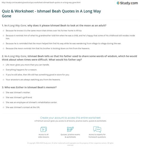 Quiz And Worksheet Ishmael Beah Quotes In A Long Way Gone