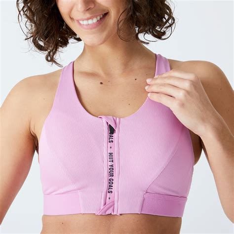 Womens Medium Support Ribbed Zip Up Sports Bra Pink Decathlon